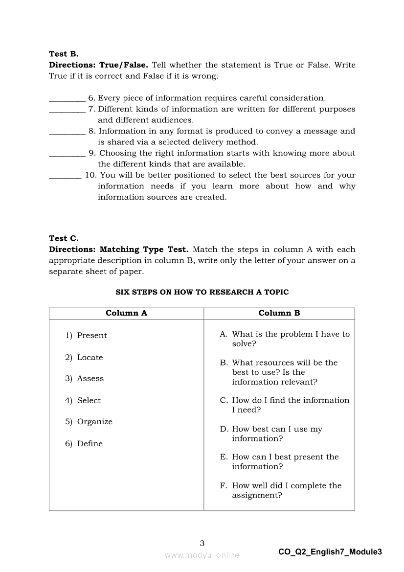 English 7 Quarter 2 Module 3 Information Sources Grade 7 Modules