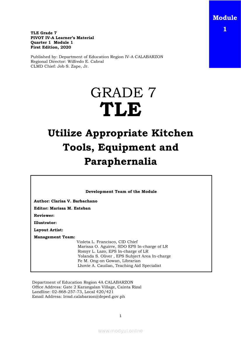 TLE 7 Cookery Module 1 Grade 7 Modules
